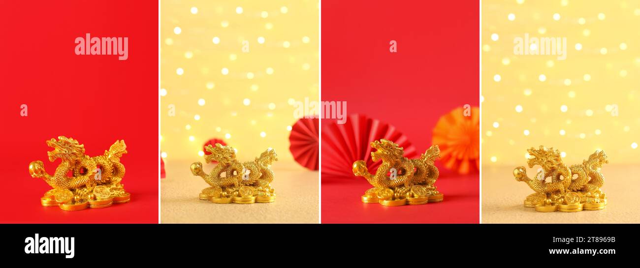 Collage of figurines of Chinese dragon on color background Stock Photo ...