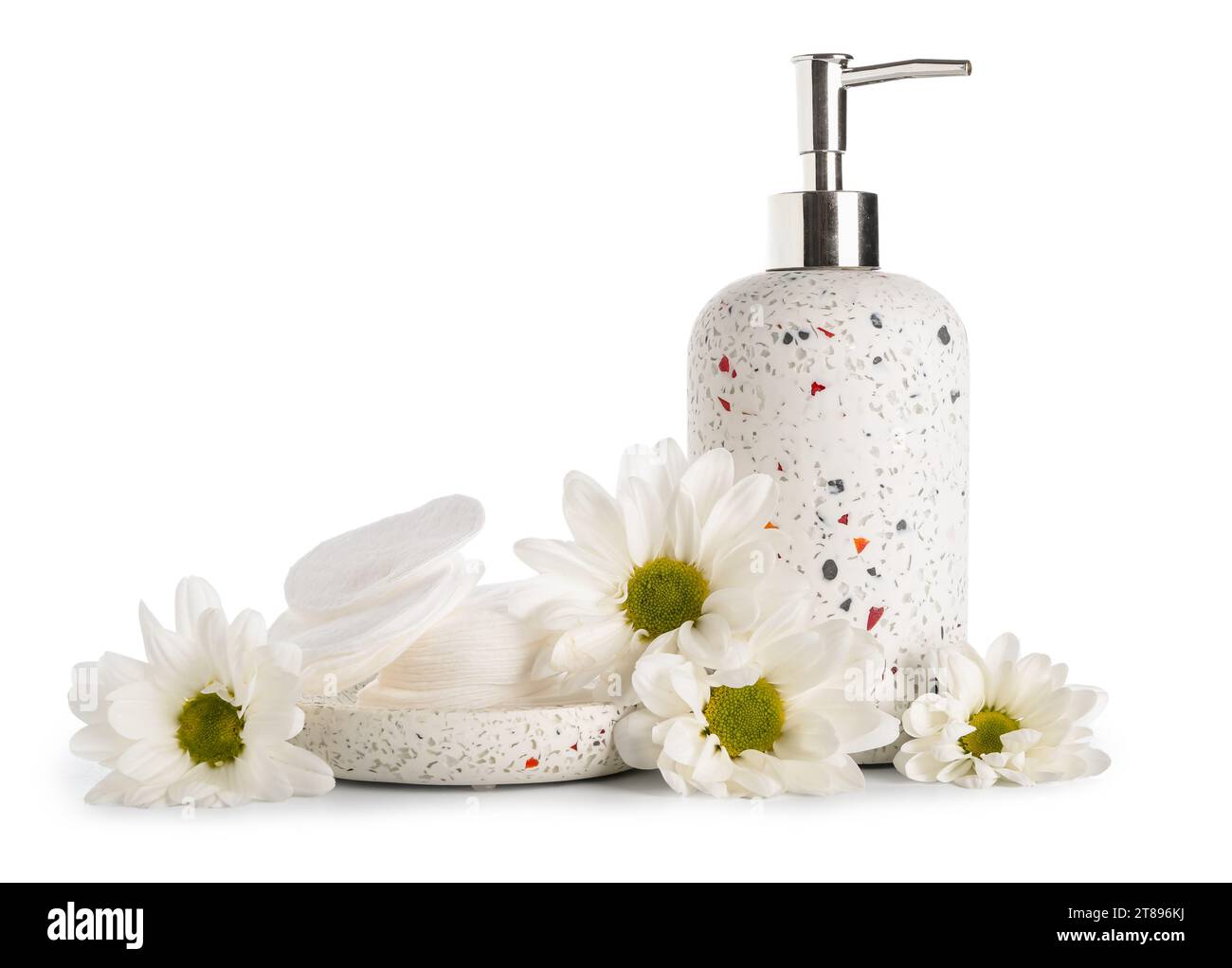 Bottle of liquid soap, cotton pads and chamomile flowers on white ...