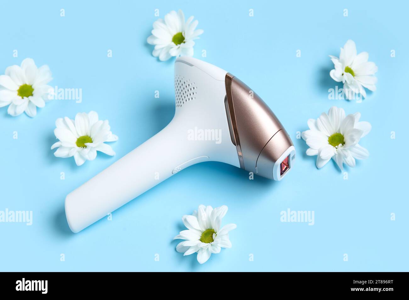 Modern photoepilator with beautiful flowers on blue background Stock ...