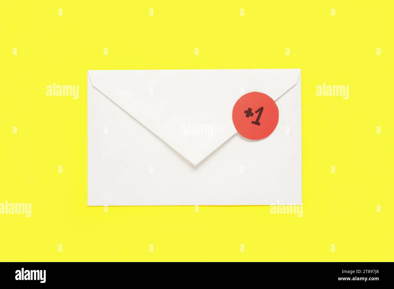Closed envelope with +1 icon on yellow background. New message Stock ...