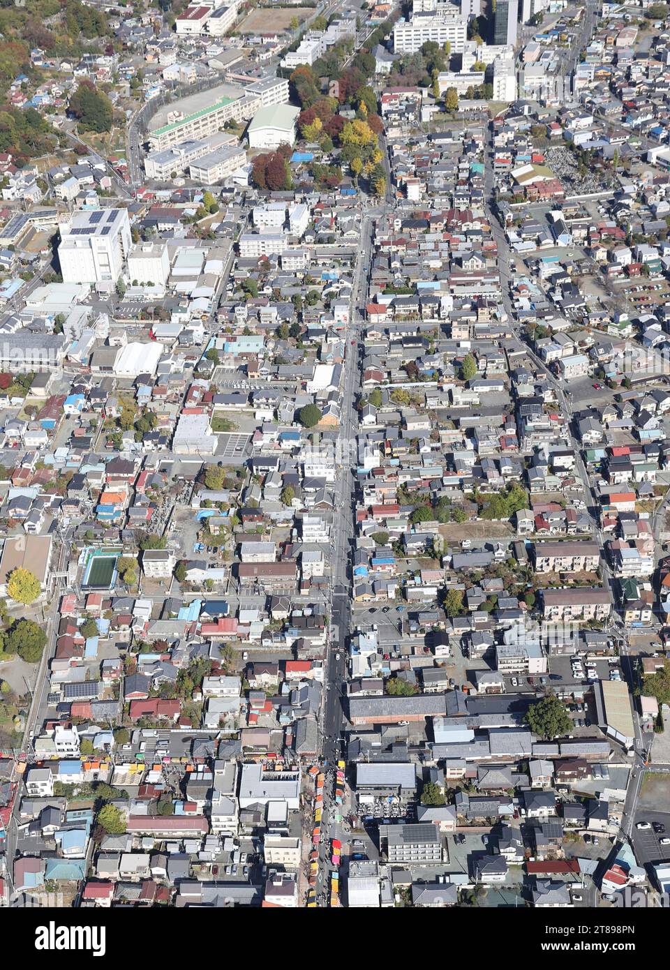 An aerial photo shows Kiryu Tenmangu Shrine and old town in Kiryu City ...