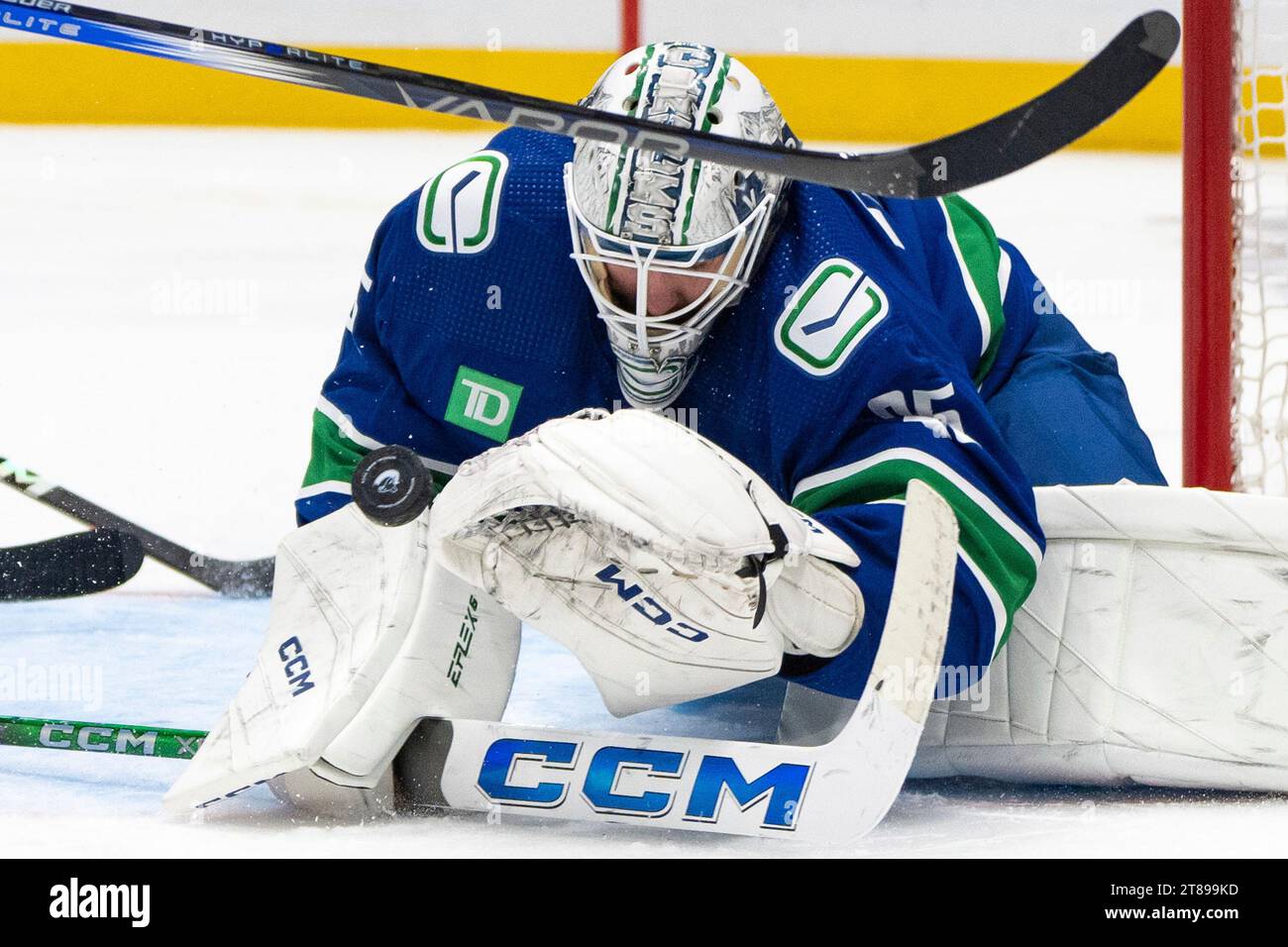 Vancouver Canucks goaltender Thatcher Demko stops the puck during the ...