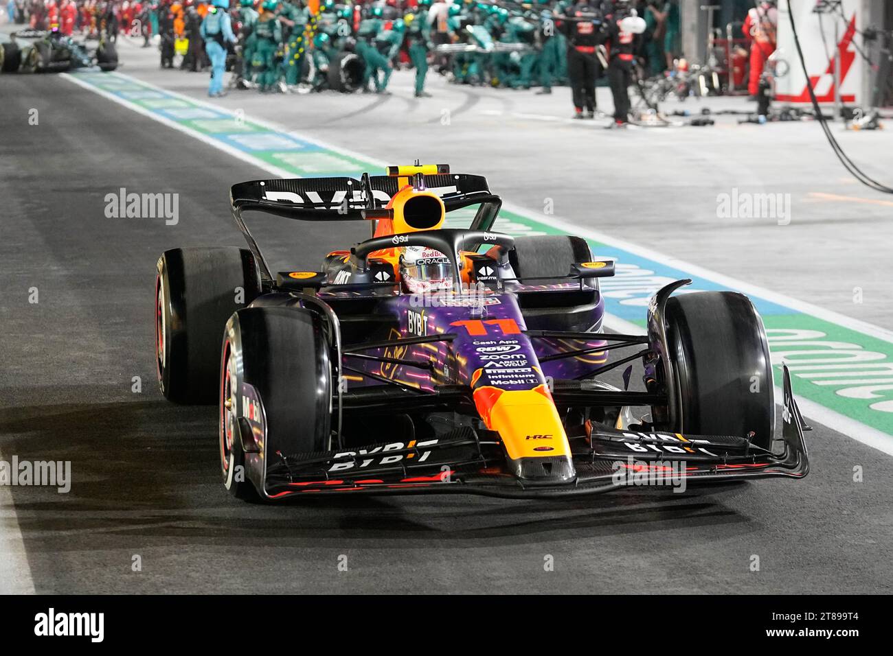 Red Bull driver Sergio Perez, of Mexico, leaves the pit during the ...