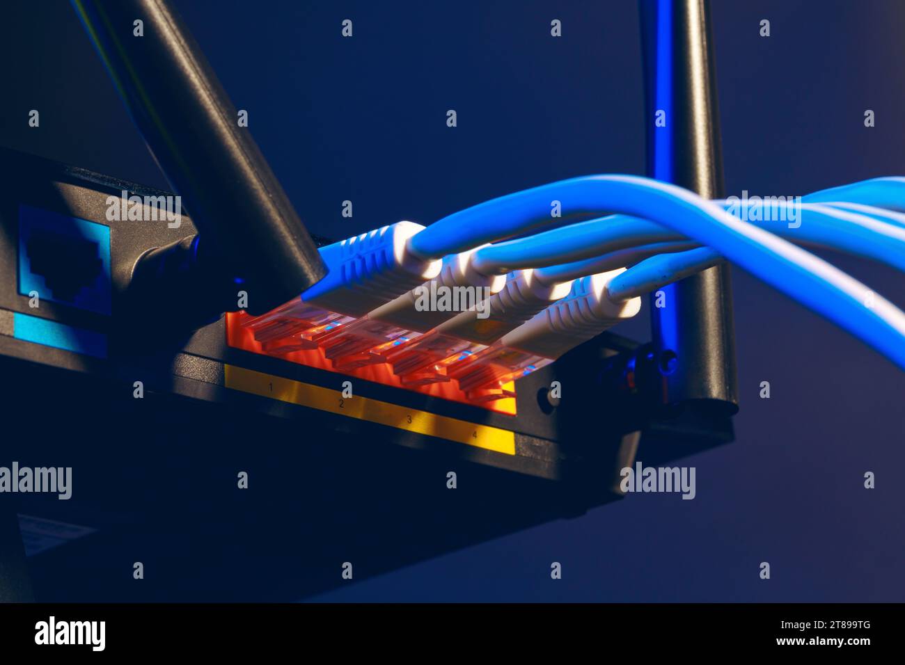 Cables plugged in a Wi-Fi router on dark background Stock Photo - Alamy