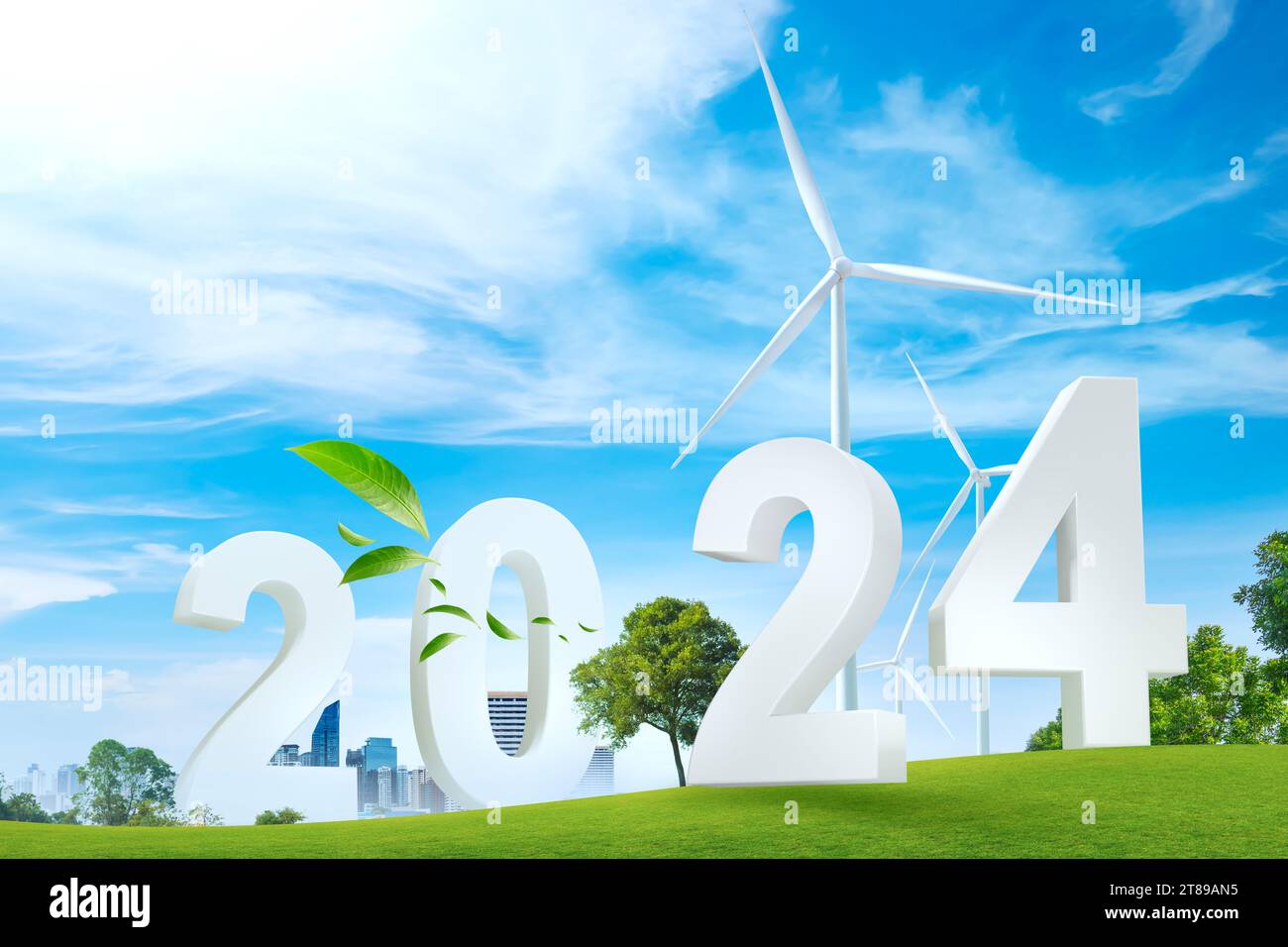 wind turbine farm and green leaf blowing in a smart city in the year ...