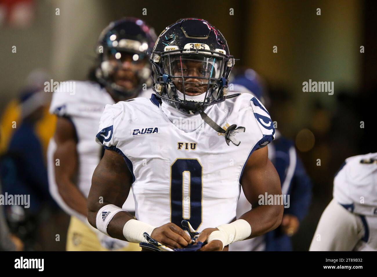 November 18, 2023: FIU running back Shomari Lawrence #0 prepares to take the field. Arkansas ...