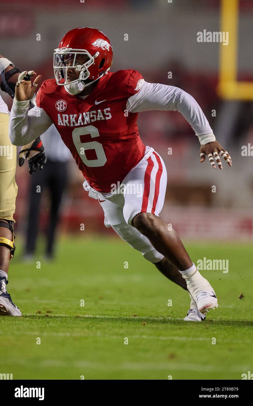 November 18, 2023: John Morgan III #6 Arkansas defensive lineman comes ... November 18, 2023: John Morgan III #6 Arkansas defensive lineman comes ...