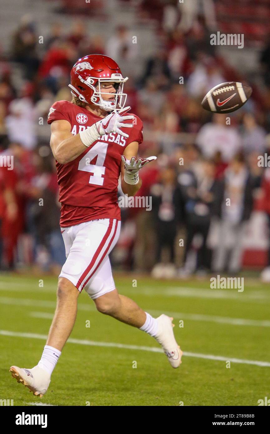 November 18, 2023: Razorback receiver Isaac TeSlaa #4 looks in a ball ...