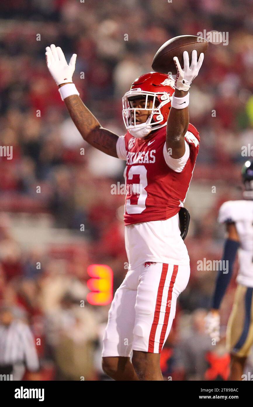 November 18, 2023: Arkansas receiver Jaedon Wilson #13 celebrates in ...