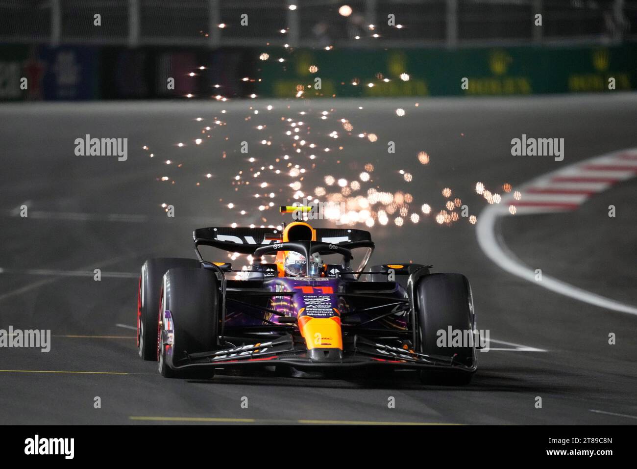 Red Bull driver Sergio Perez, of Mexico, drives during the Formula One Las Vegas Grand Prix auto ...