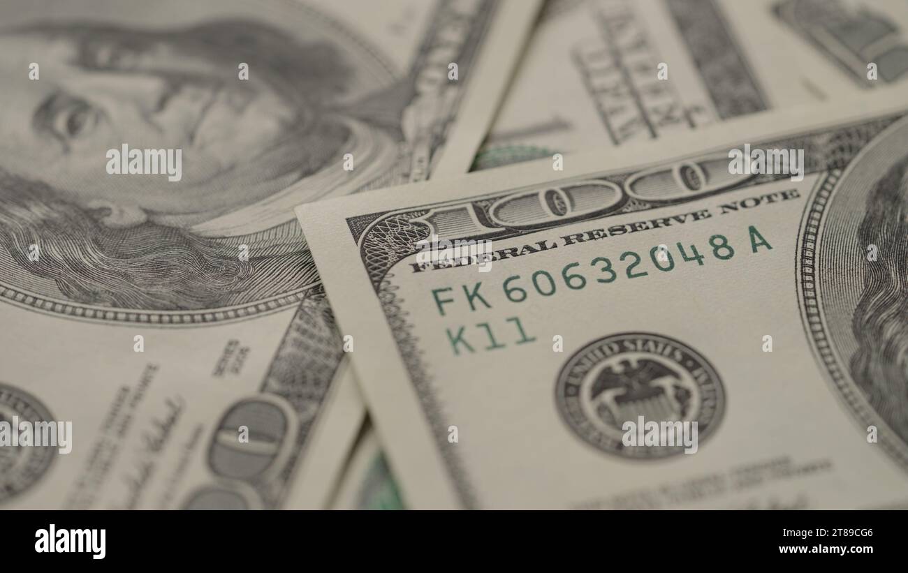 Closeup background of 100 dollar bills old style banknotes Stock Photo ...