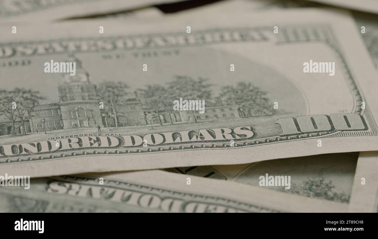 Closeup background of 100 dollar bills old style banknotes Stock Photo ...