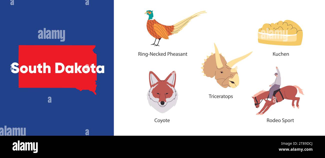 South Dakota states map shape symbol rodeo triceratops ring necked ...