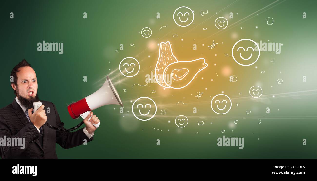 Young person with megaphone and healthy food icon Stock Photo - Alamy