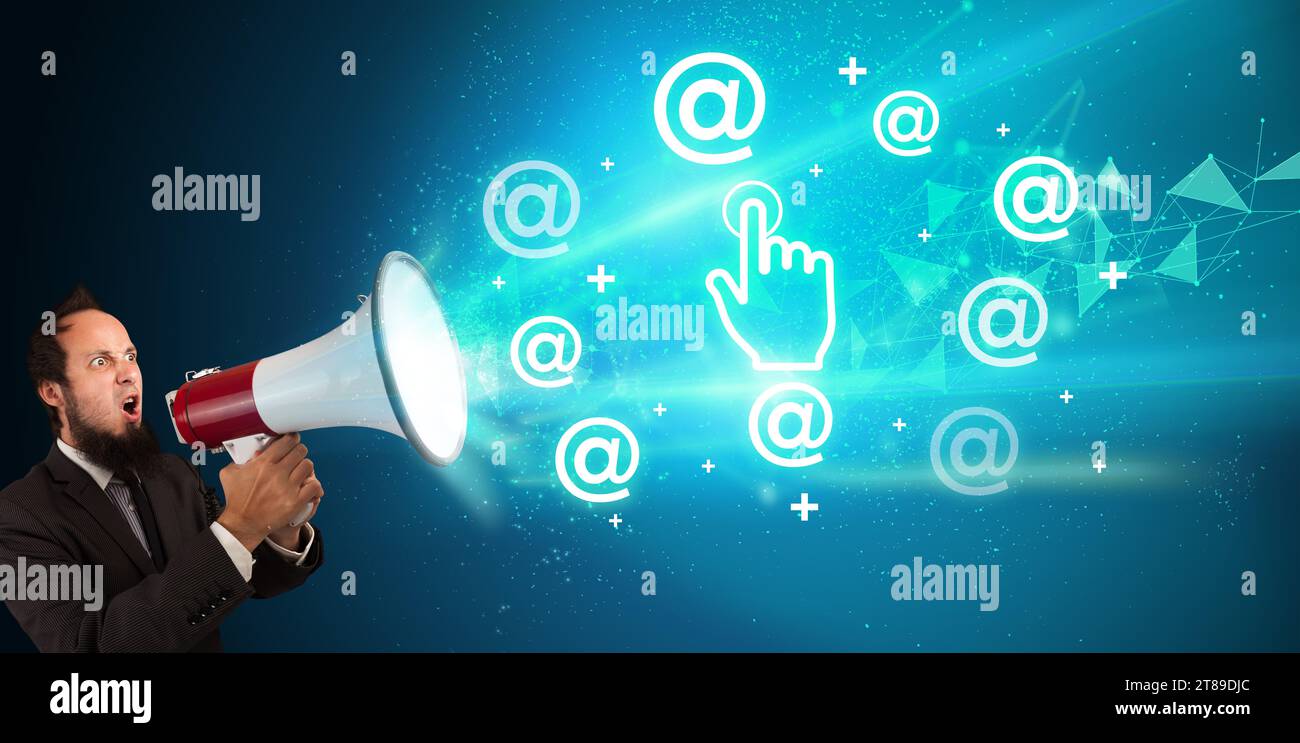 Young person with megaphone and technology related icon Stock Photo - Alamy