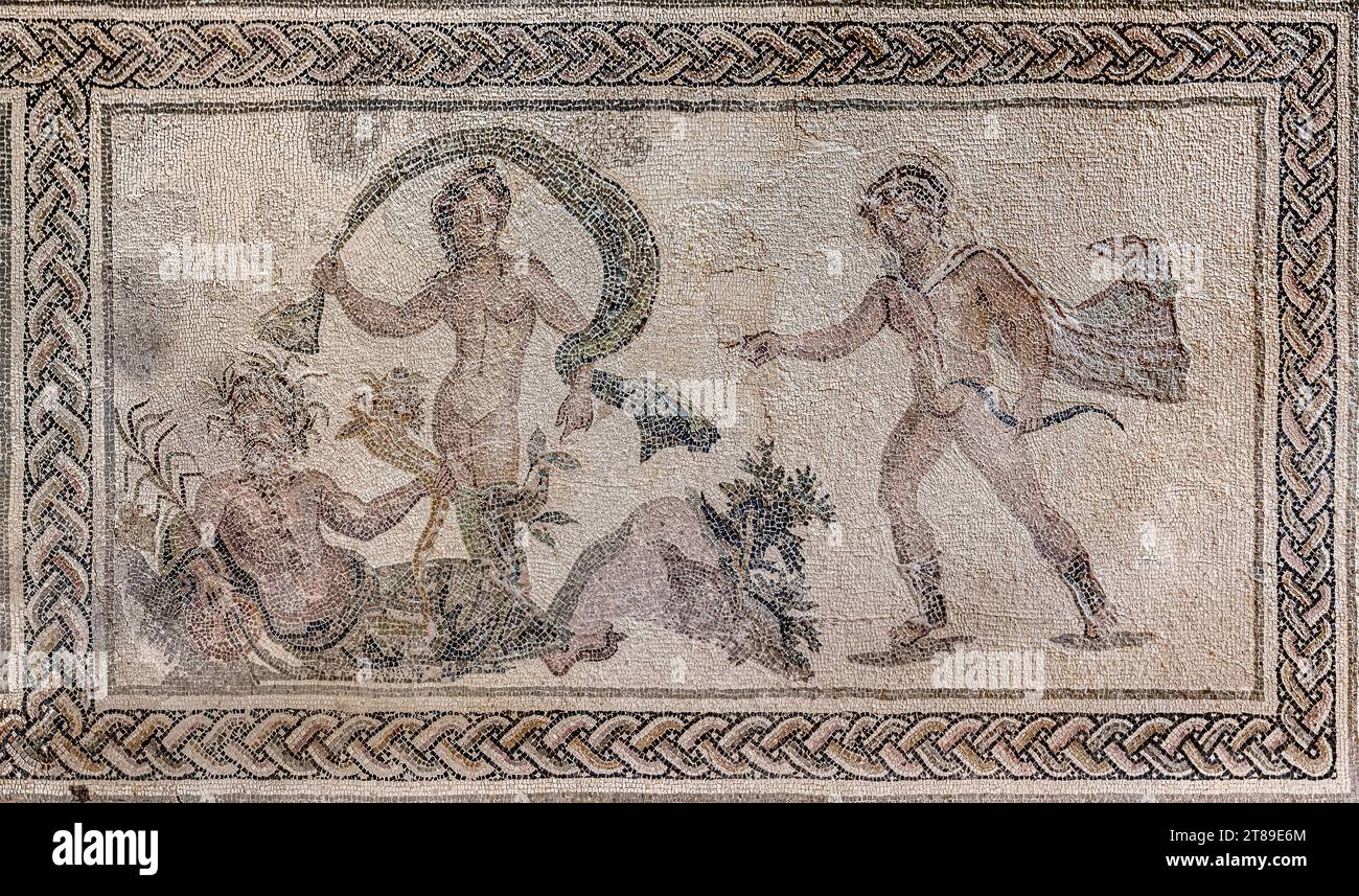 Mosaic from the atrium of the house of Dionysus with images of Apollo ...