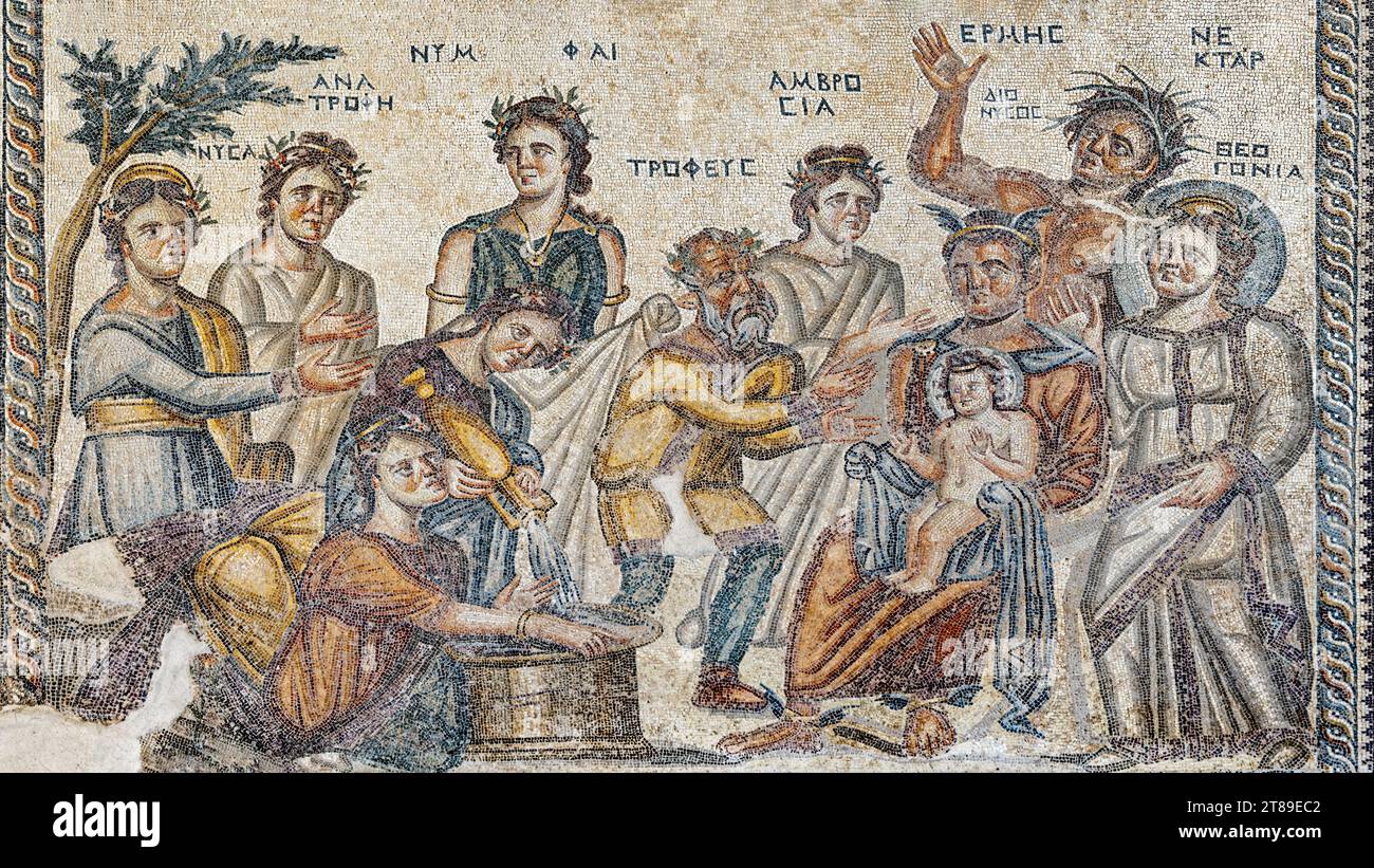 Mosaic depicting the first bathing of the god of winemaking Dionysus ...