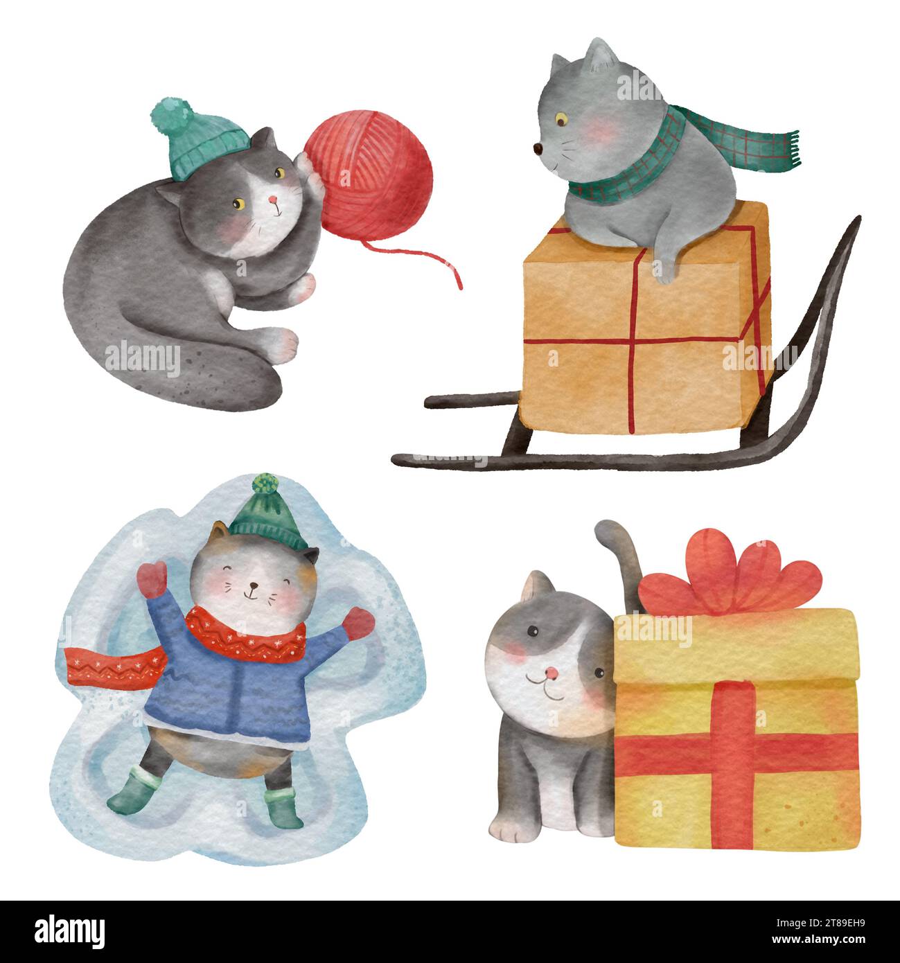 Cat . Christmas theme . Watercolor paint cartoon characters . Isolated ...