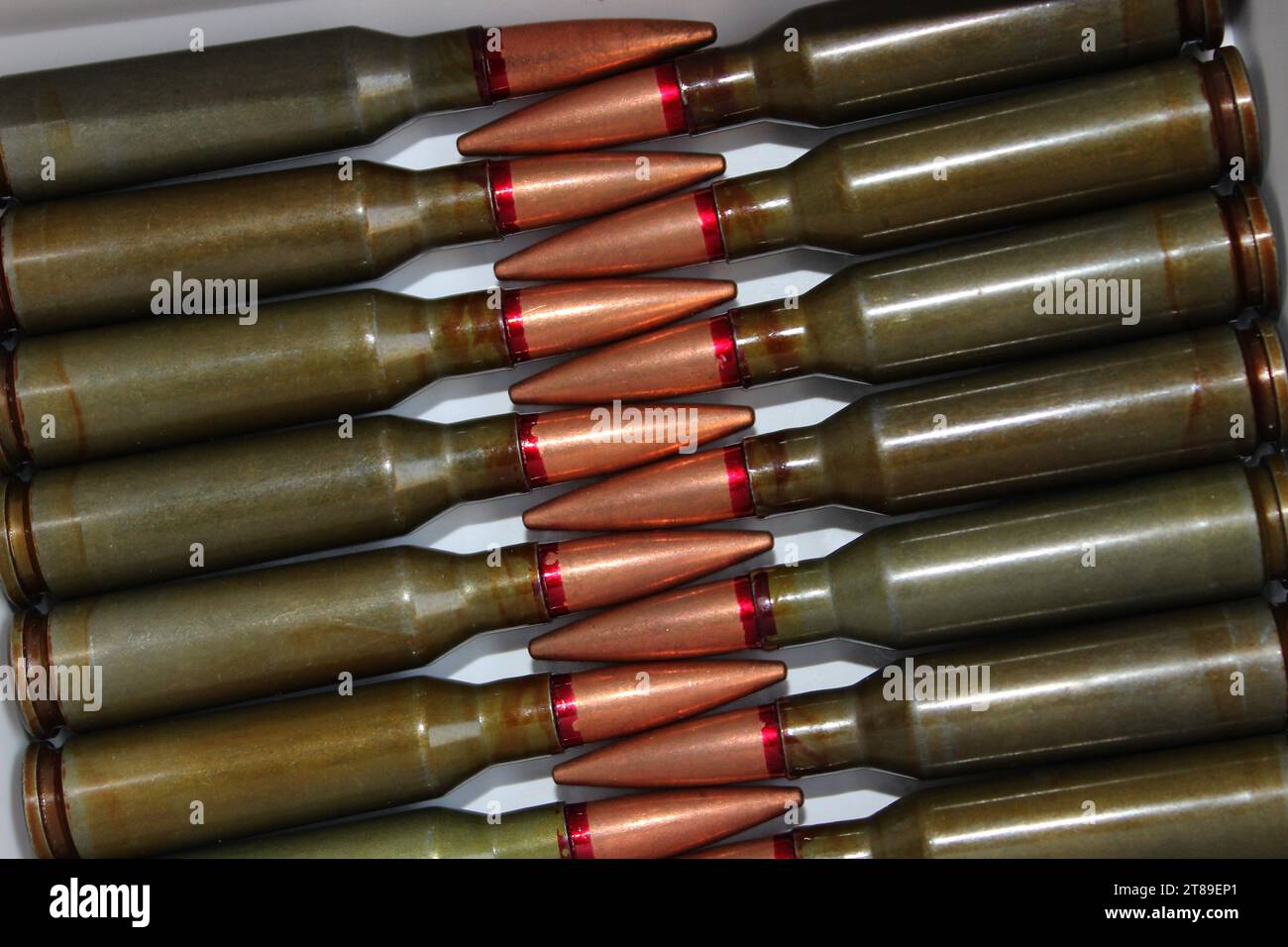 Pattern of live ammunition laid out bullet to bullet on a white ...