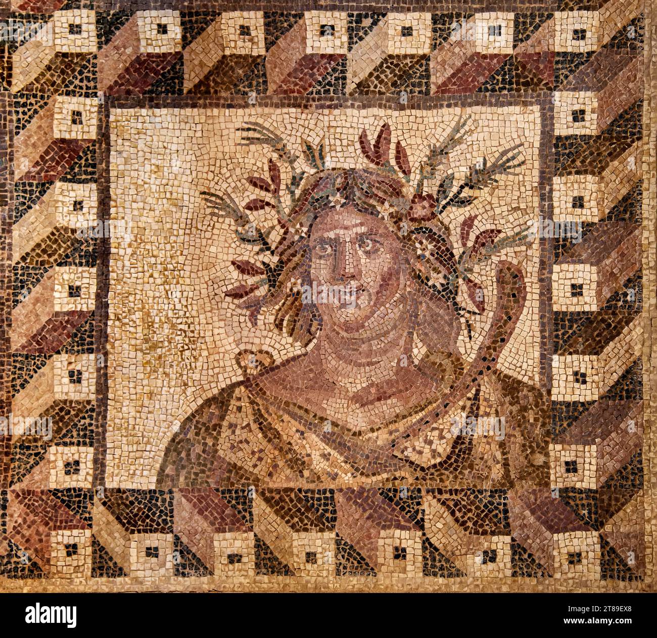 Antique mosaic depicting a bust of spring. House of Dionysus. The end ...