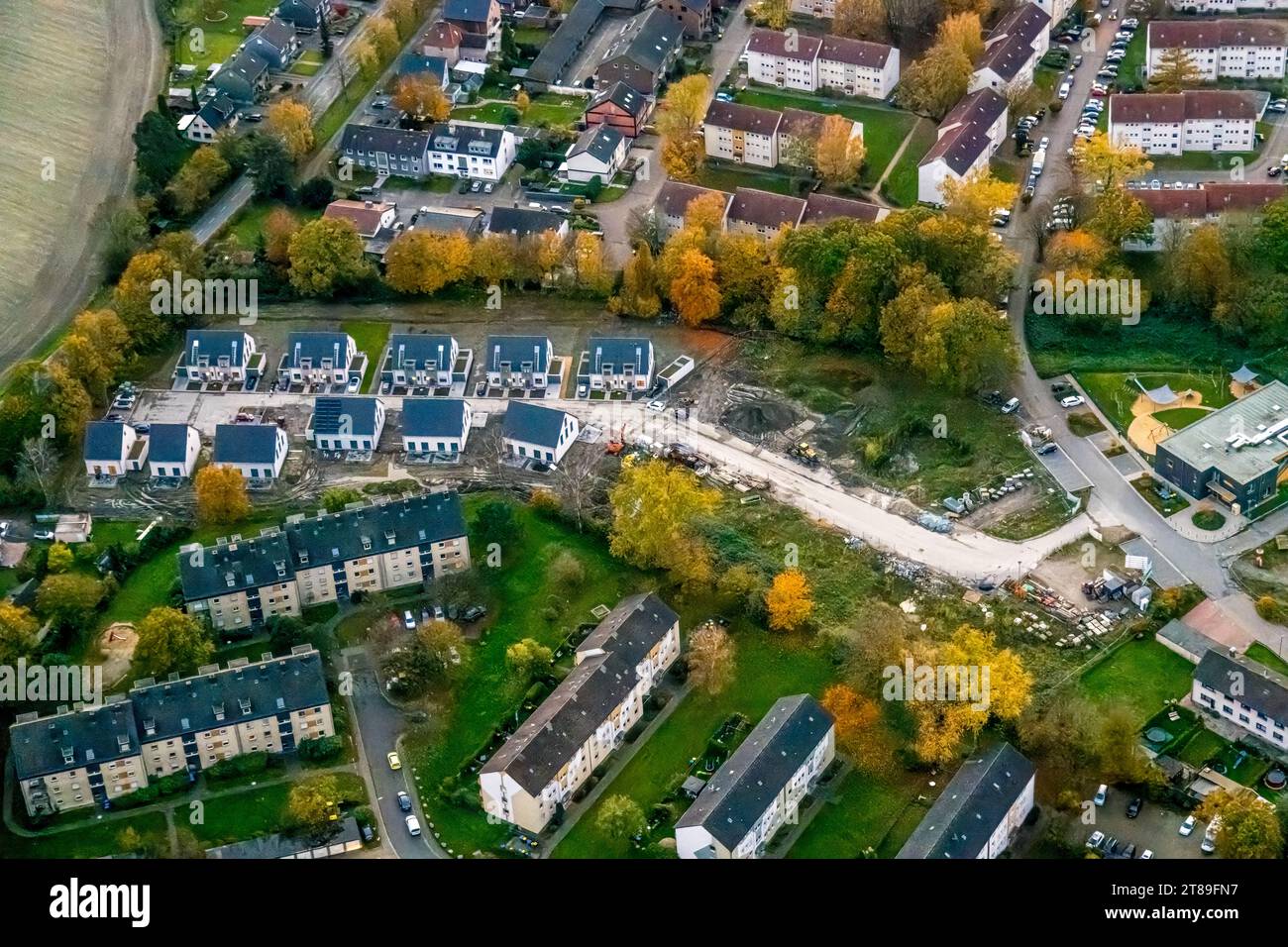 Aerial view, construction site with new single-family houses on ...