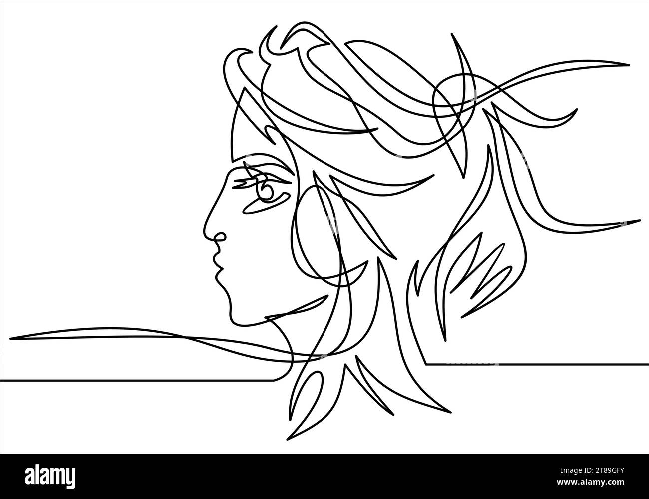 Continuous One Line Drawing Abstract Portrait Of Romantic Woman Face