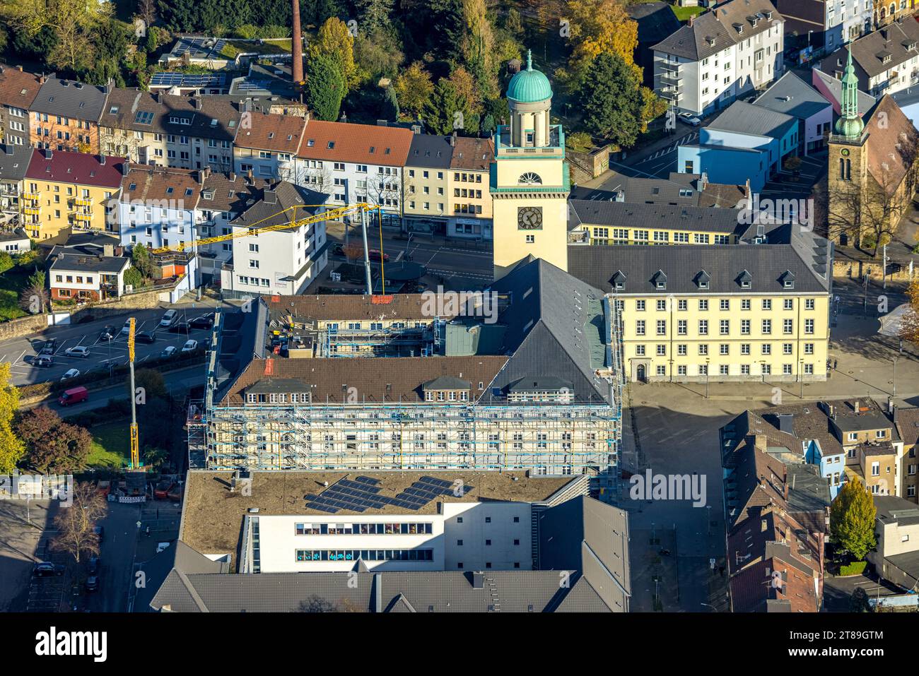 Aerial view, Witten town hall and construction site scaffolding with ...