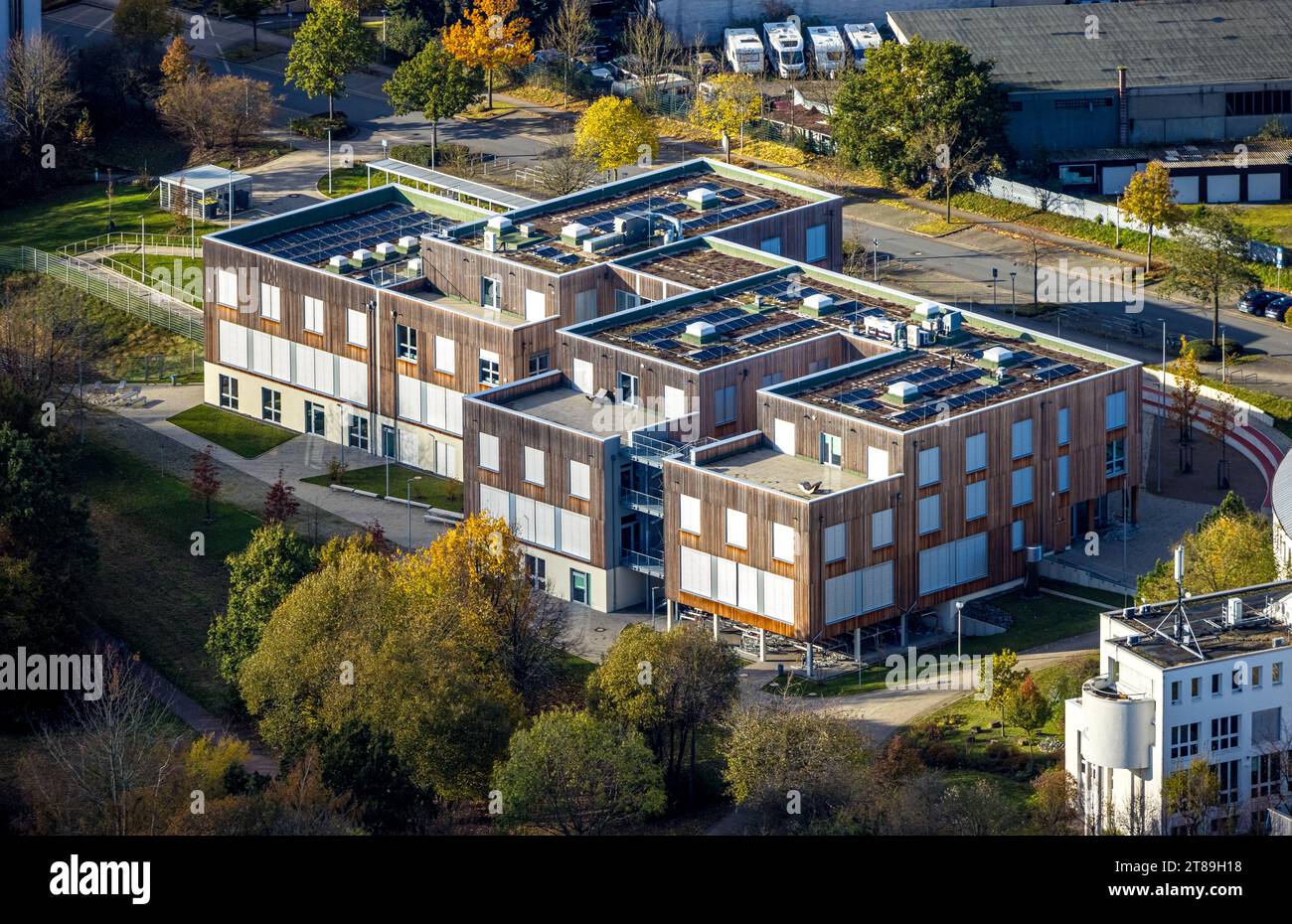 Aerial view, campus building in timber construction of the private ...