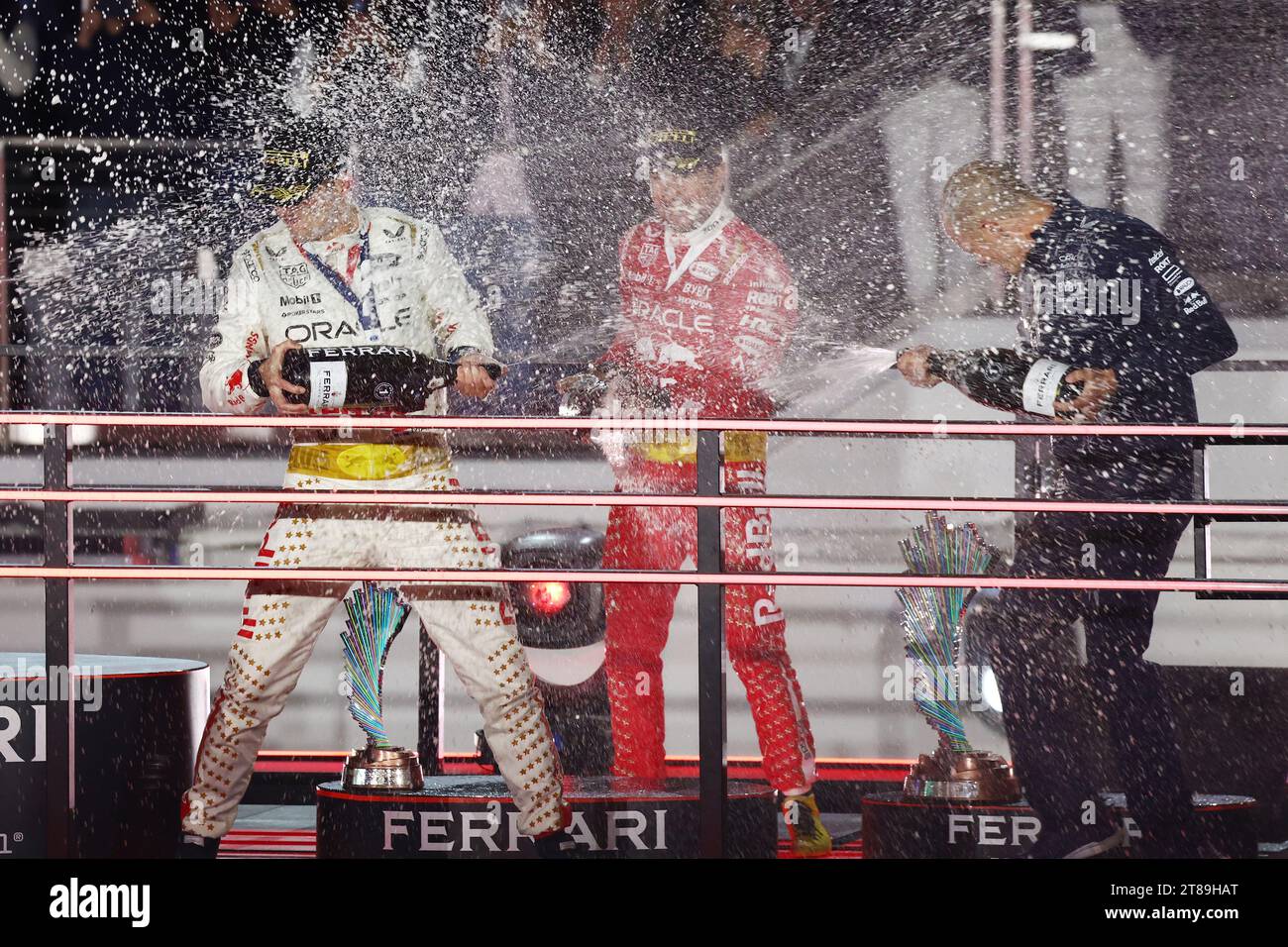 Las Vegas, USA. 18th Nov, 2023. (L to R): Race winner Max Verstappen (NLD) Red Bull Racing ...