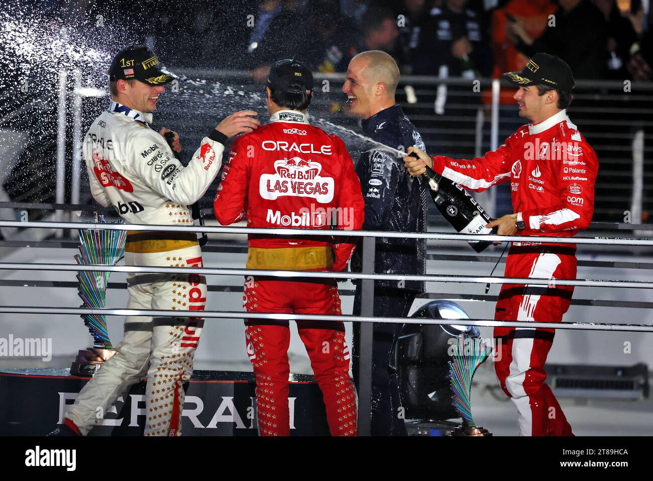 Las Vegas, USA. 18th Nov, 2023. (L to R): Race winner Max Verstappen (NLD) Red Bull Racing ...