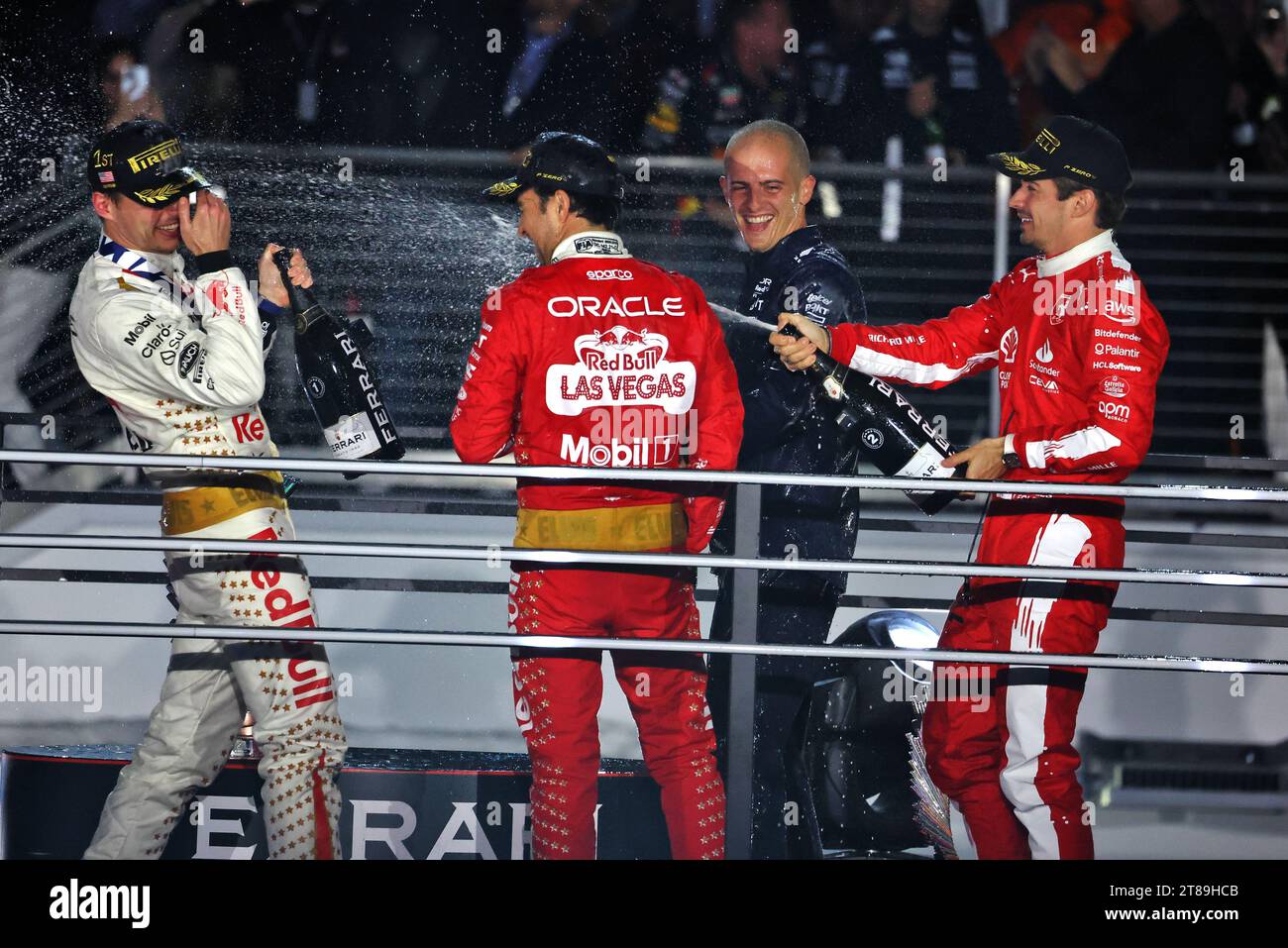 Las Vegas, USA. 18th Nov, 2023. (L to R): Race winner Max Verstappen (NLD) Red Bull Racing ...