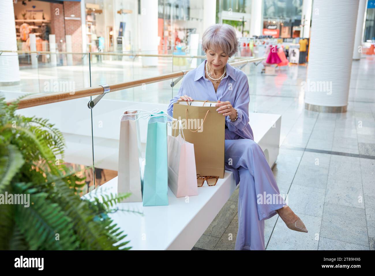 Fashion elderly woman with purchases sitting on bench in shopping mall ...