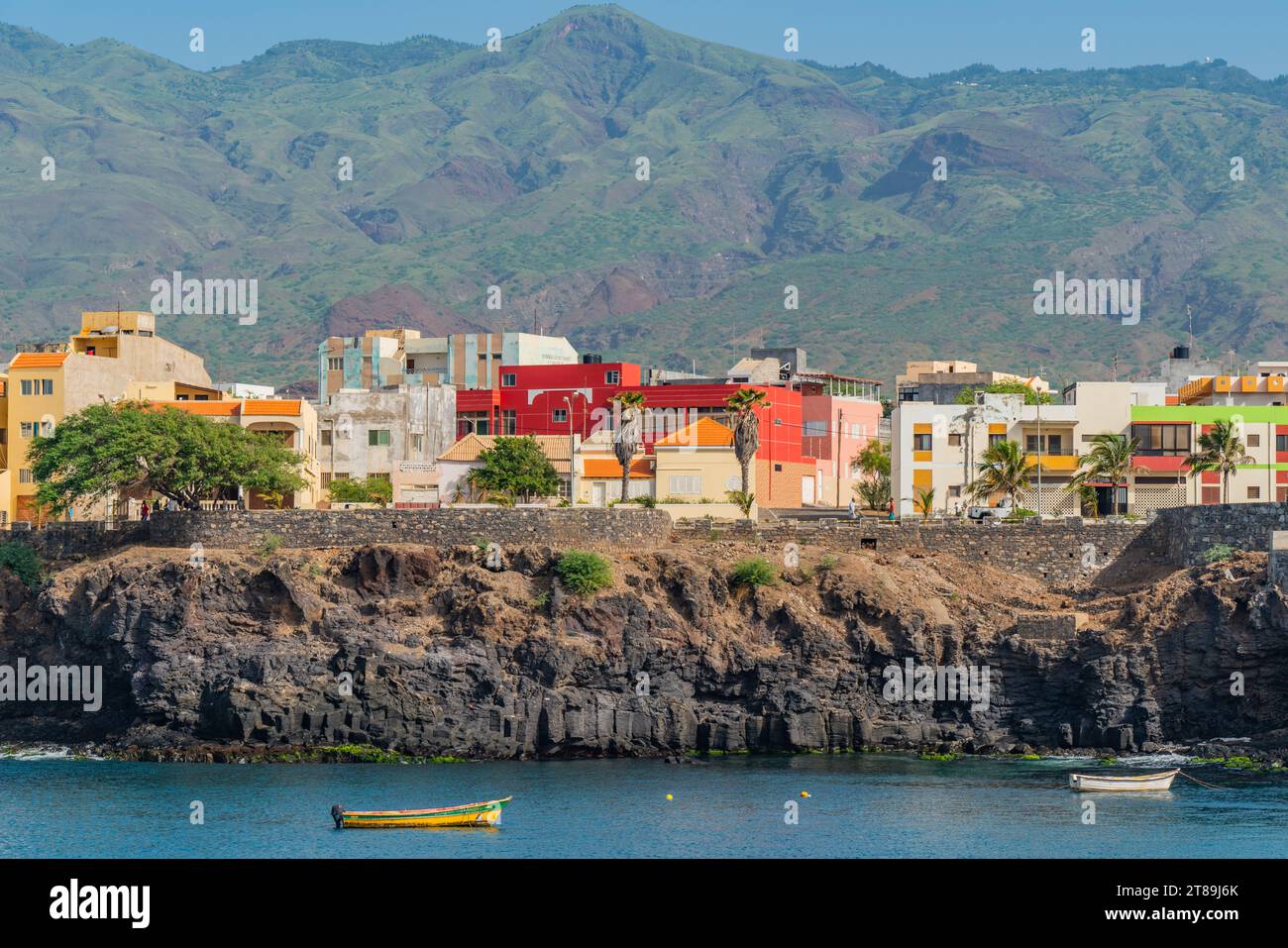 Coastal view with houses on Santo Antao with the Atlantic Ocean at ...