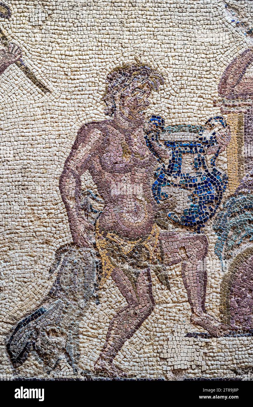 Satyr accompanying the god Dionysus. Antique mosaic from the house of ...
