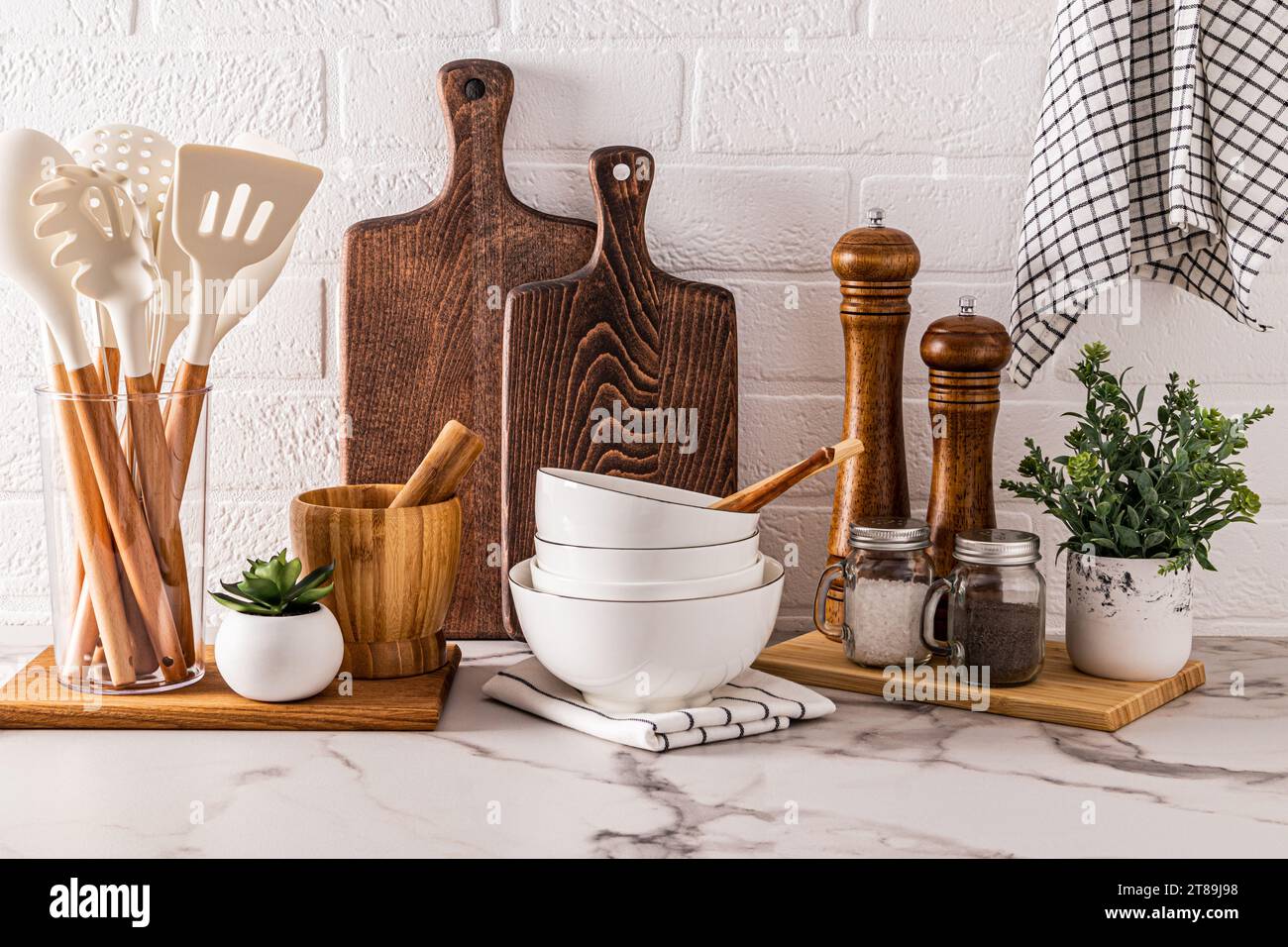 A set of different eco-friendly dishes and tools on a modern kitchen ...