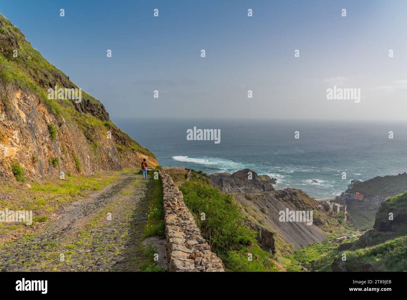 Small road with Atlantic ocean, coastal landscapes of Santo Antao ...
