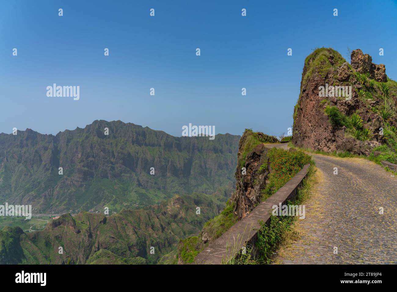 Famous panoramic road on the top of the green volcanic mountains on ...