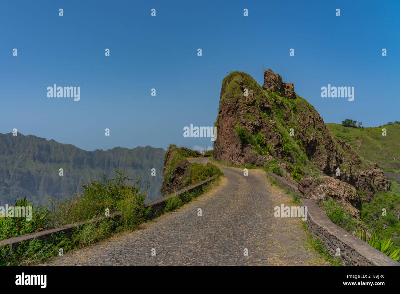 Famous panoramic road on the top of the green volcanic mountains on ...