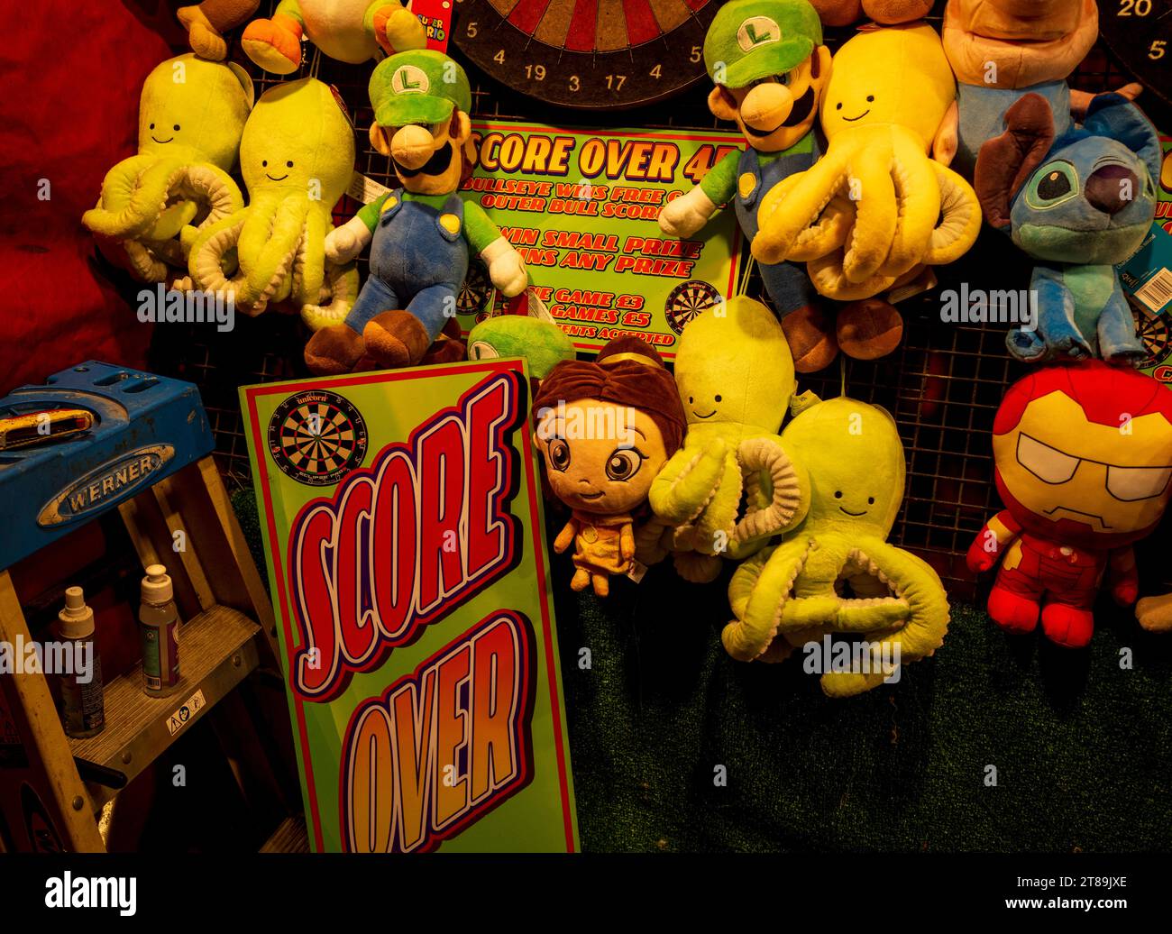 Colourful stall at a Christmas street market and fun fare in Lanark ...