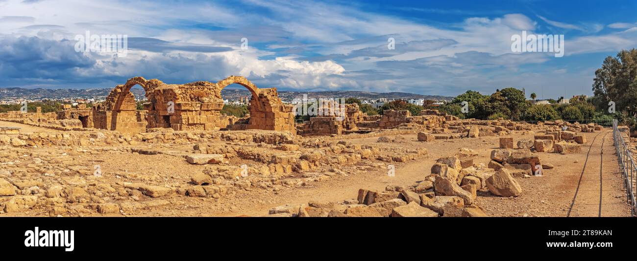 Panorama of the ruins of Saranta Kolones. Archaeological Park of Paphos ...