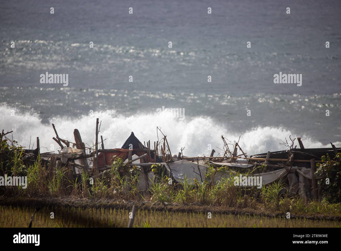 Black sand beach in Bali, with white waves and spray. lava sand beach ...