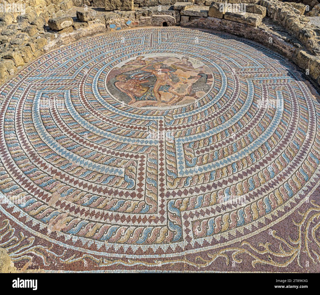 Mosaic image of the duel between Theseus and the Minotaur. House of ...