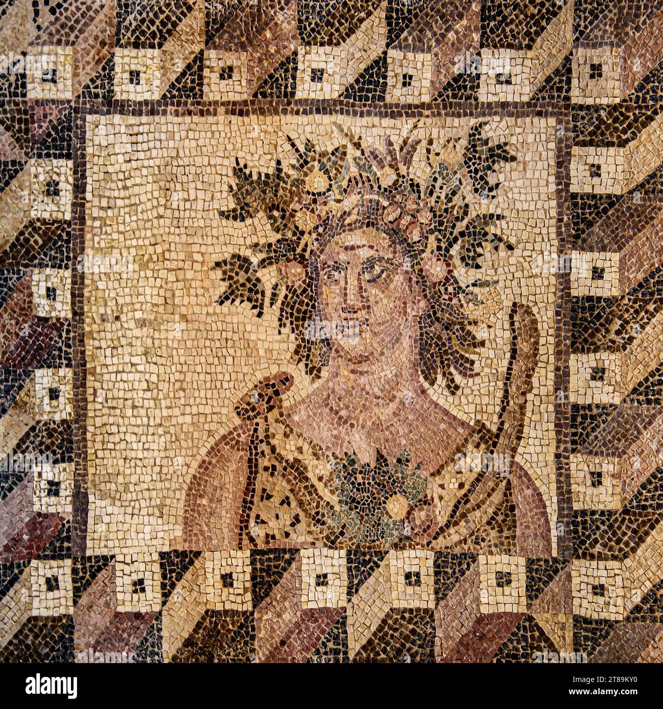 Antique mosaic depicting a bust of spring. House of Dionysus. The end ...