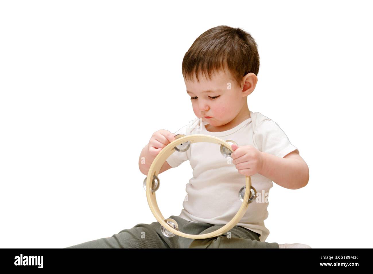 Toddler baby plays the tambourine while sitting on the floor in the ...