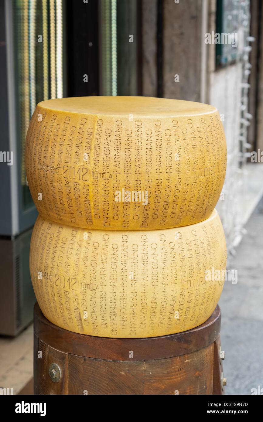 Two parmigiano reggiano cheese wheels from 2012 on display Stock Photo ...