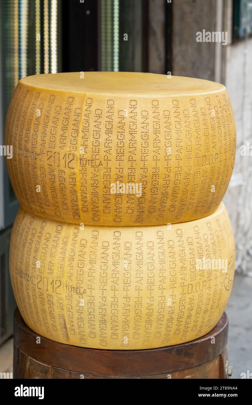 Two parmigiano reggiano cheese wheels from 2012 on display Stock Photo ...