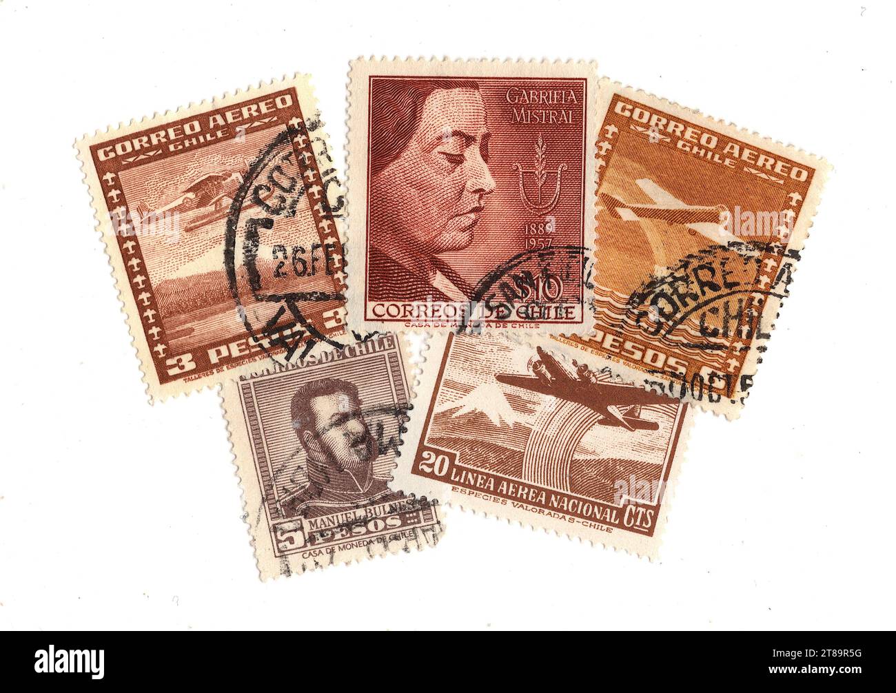 A montage of vintage postage stamps from Chile on a white background ...