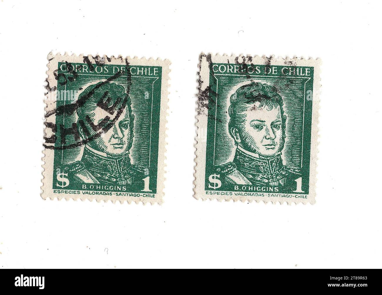 A montage of vintage postage stamps from Chile on a white background ...