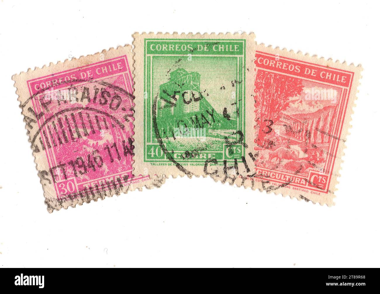 A montage of vintage postage stamps from Chile on a white background ...