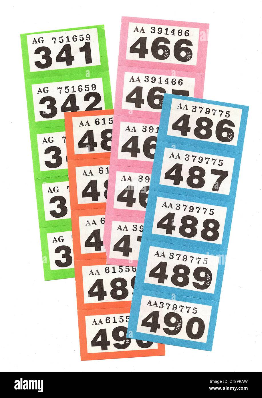 A montage of coloured strips of vintage raffle tickets on a white ...
